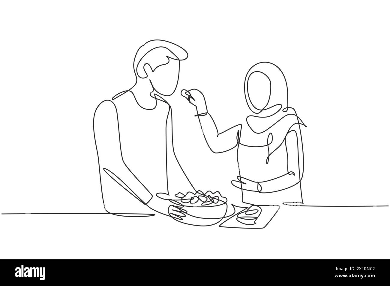 Single continuous line drawing beautiful Arab wife feeds her husband ...