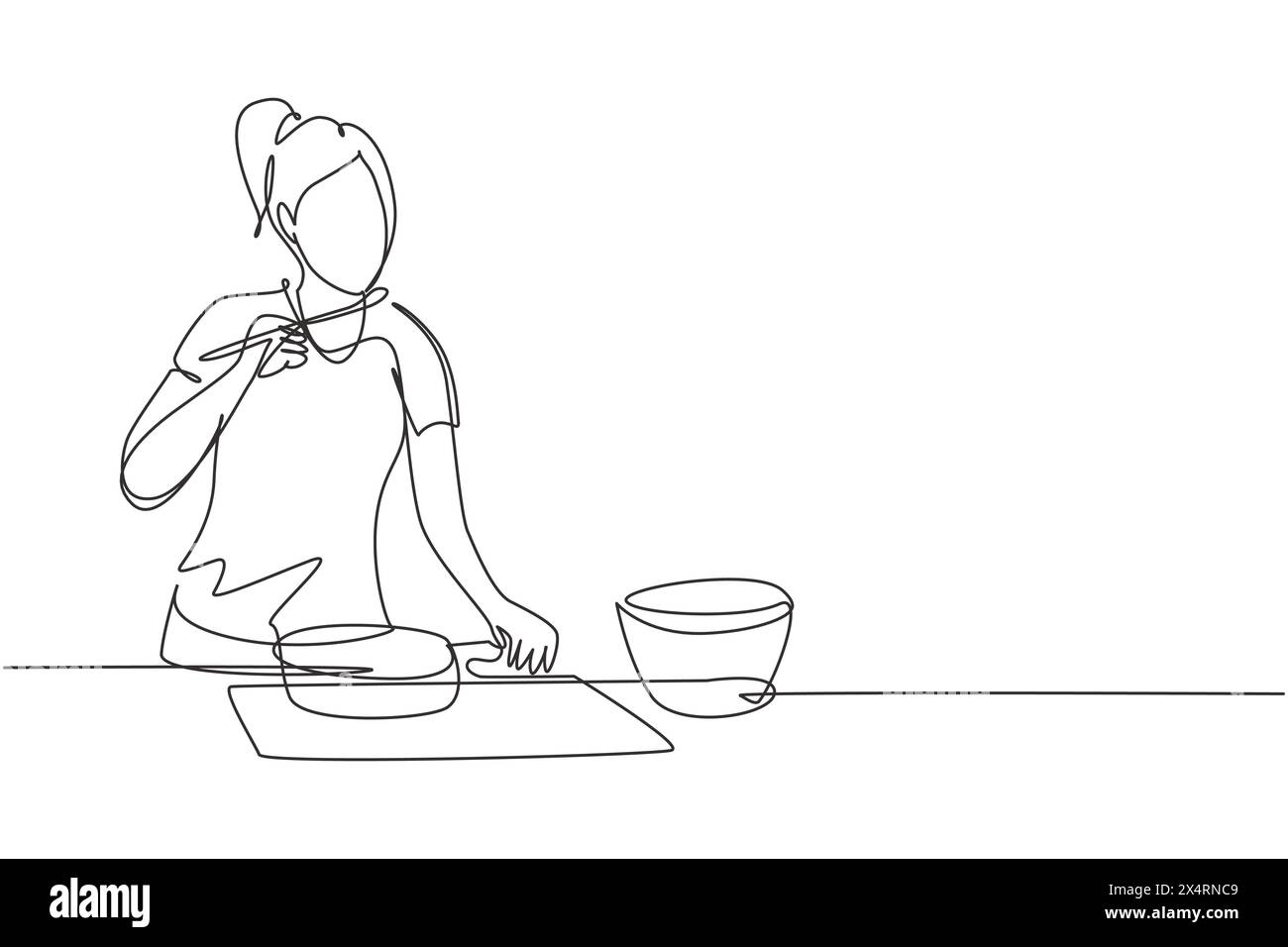 Single continuous line drawing beautiful woman mixing tomato sauce ...