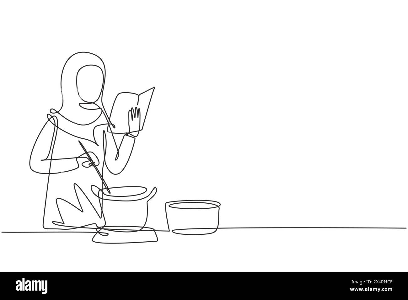Single continuous line drawing Arabian woman cooking while reading book ...