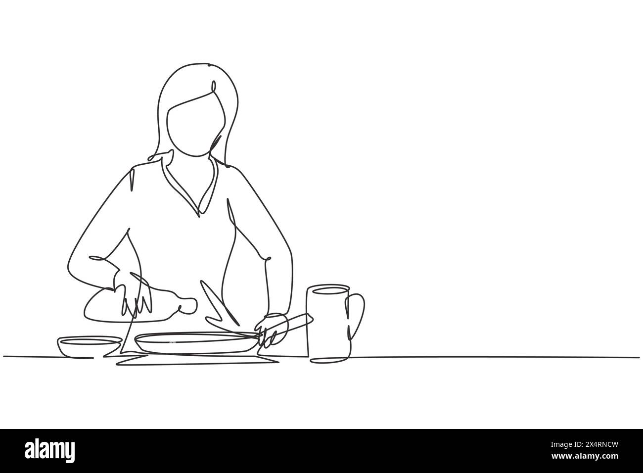 Continuous one line drawing beautiful woman pouring cooking oil from ...