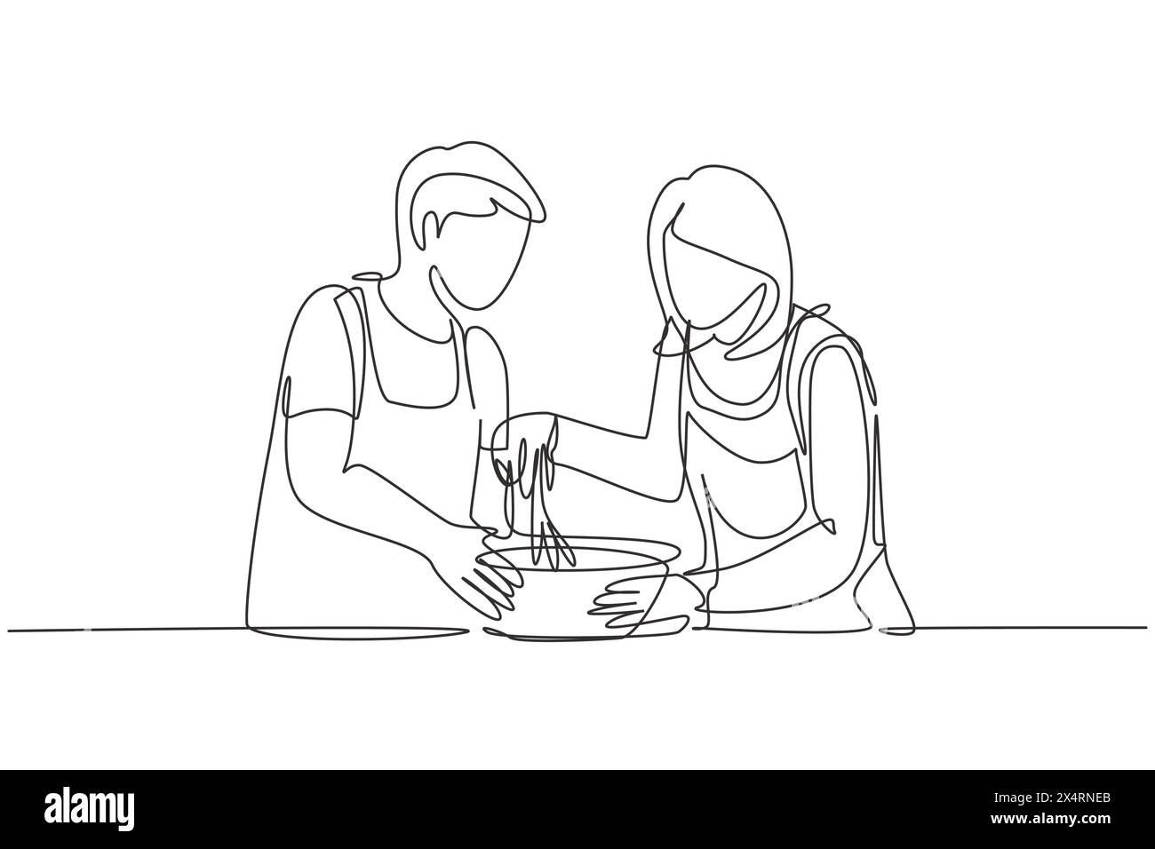 Single continuous line drawing happy romantic couple knead cake dough ...