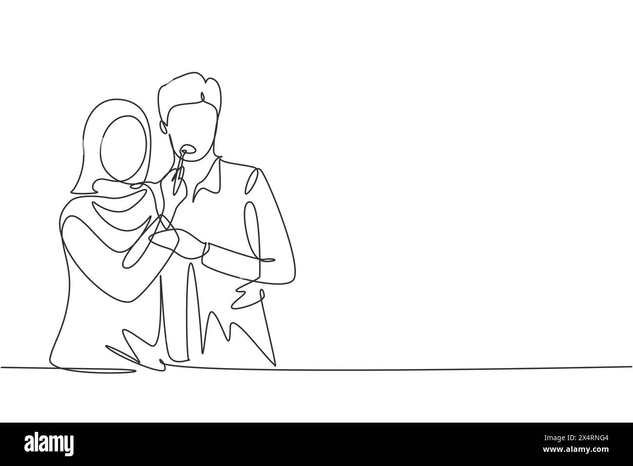 Continuous one line drawing romantic Arabian woman feeding husband for ...