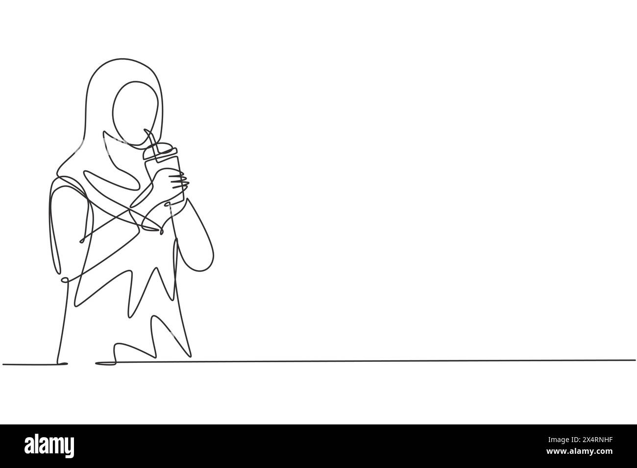 Single one line drawing beautiful Arab woman hold plastic cup and ...