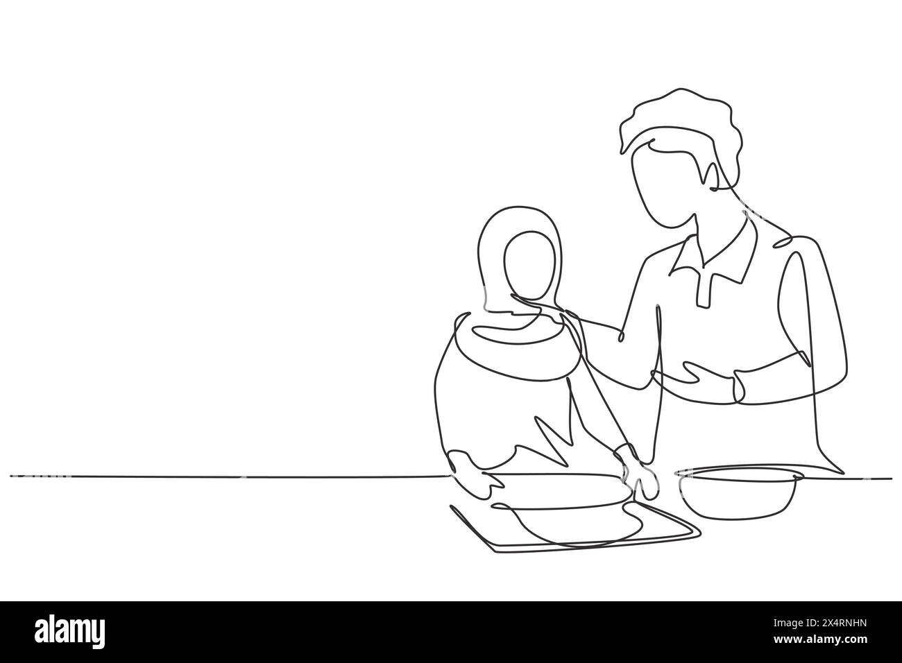 Single one line drawing happy Arabian father and daughter cook in cozy ...