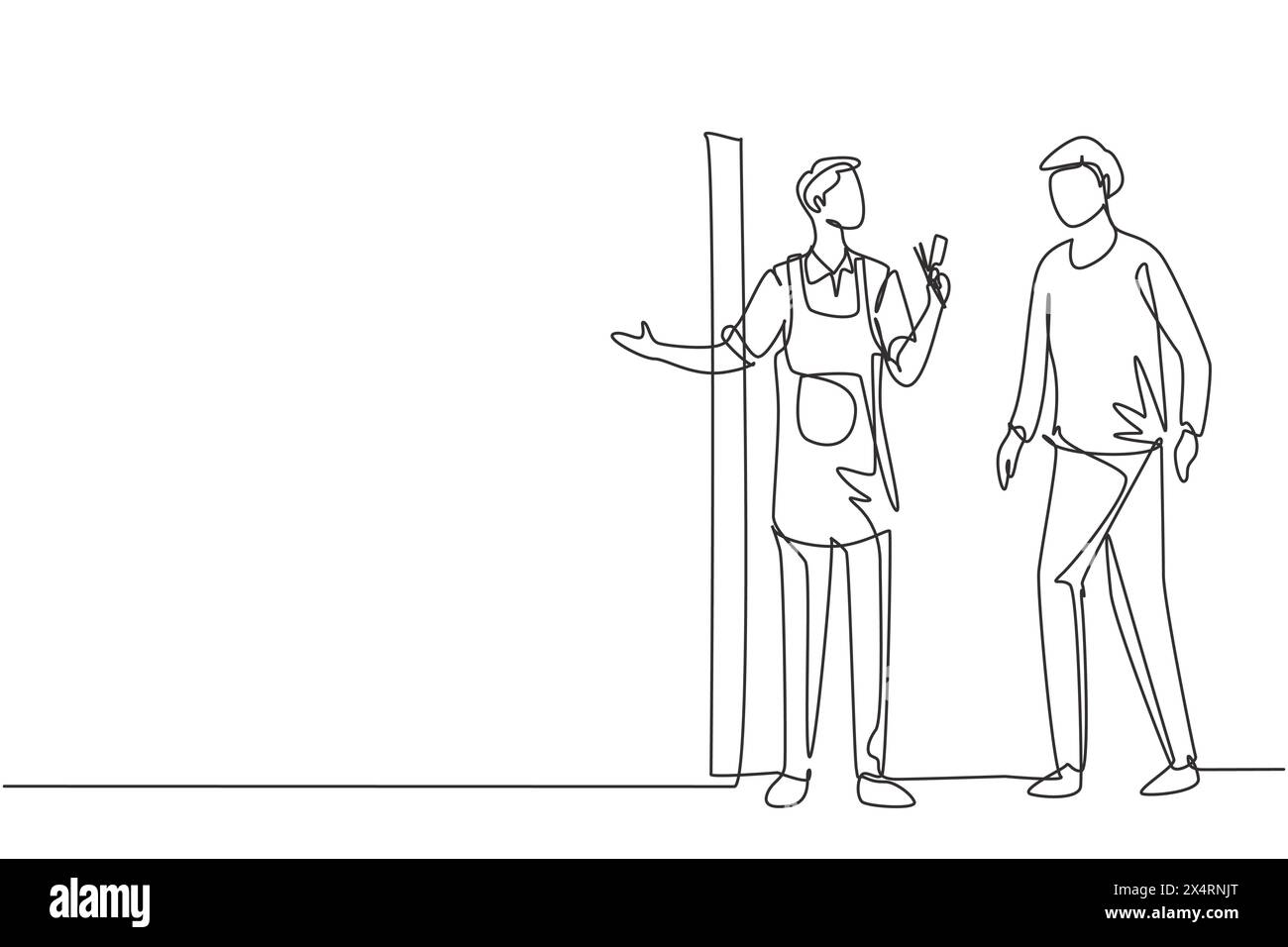 Single one line drawing hipster client visiting and hairdresser welcome ...