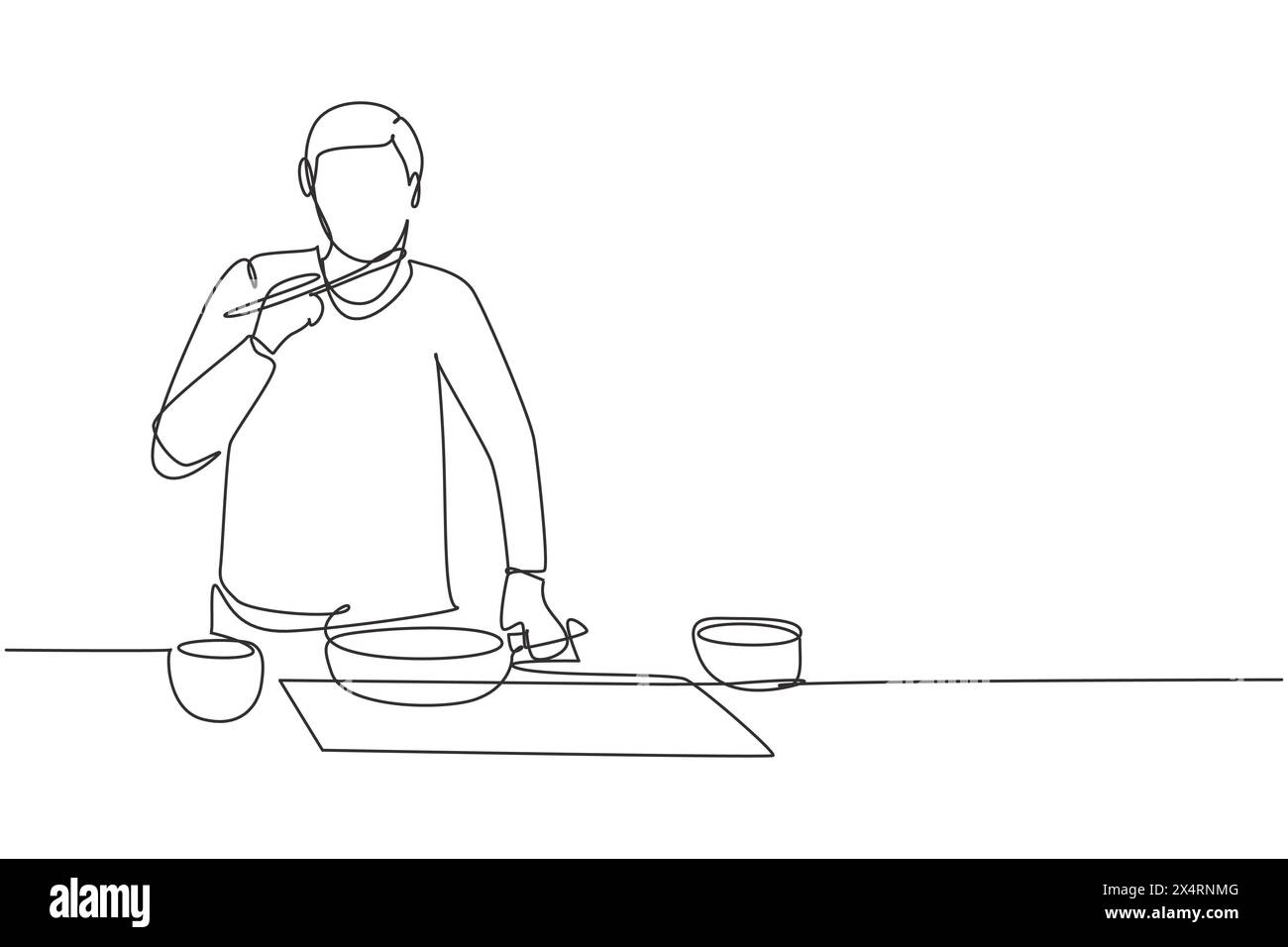 Continuous one line drawing young handsome male mixing tomato sauce ...