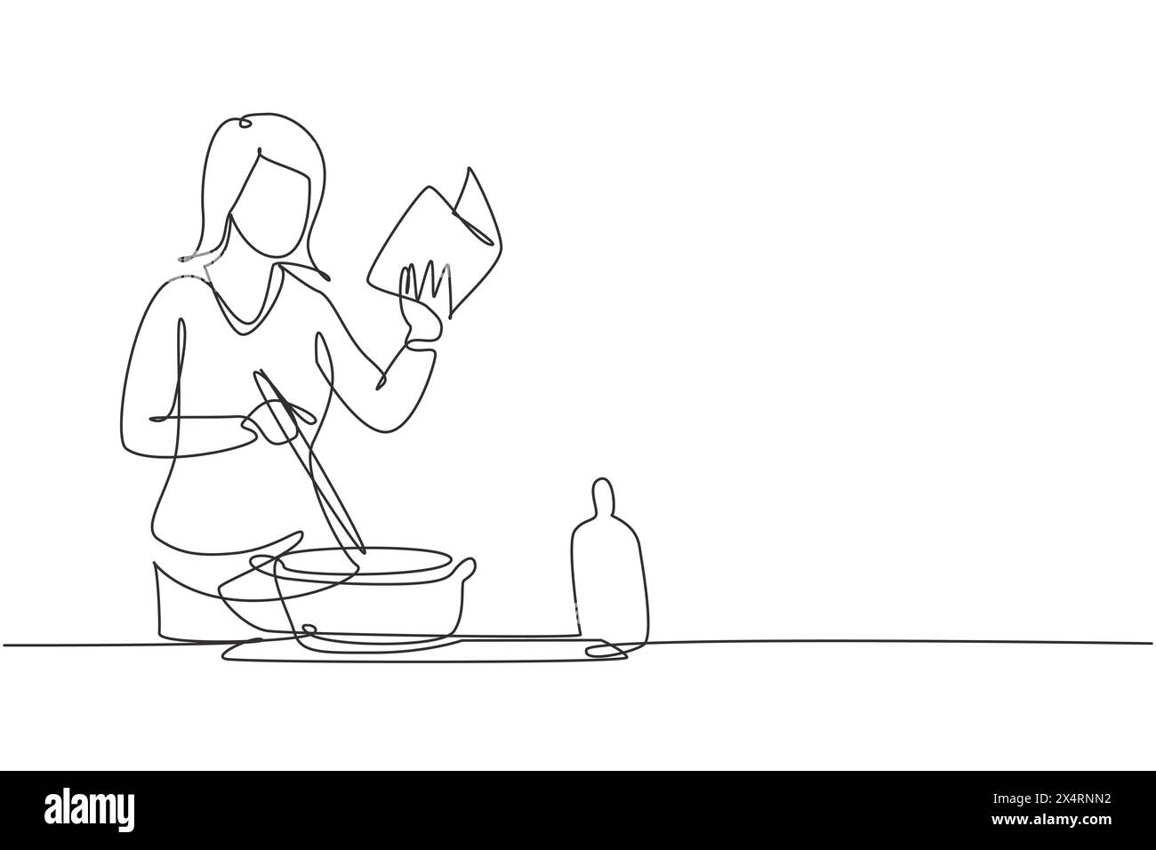 Single one line drawing young woman cooking while reading book she is ...