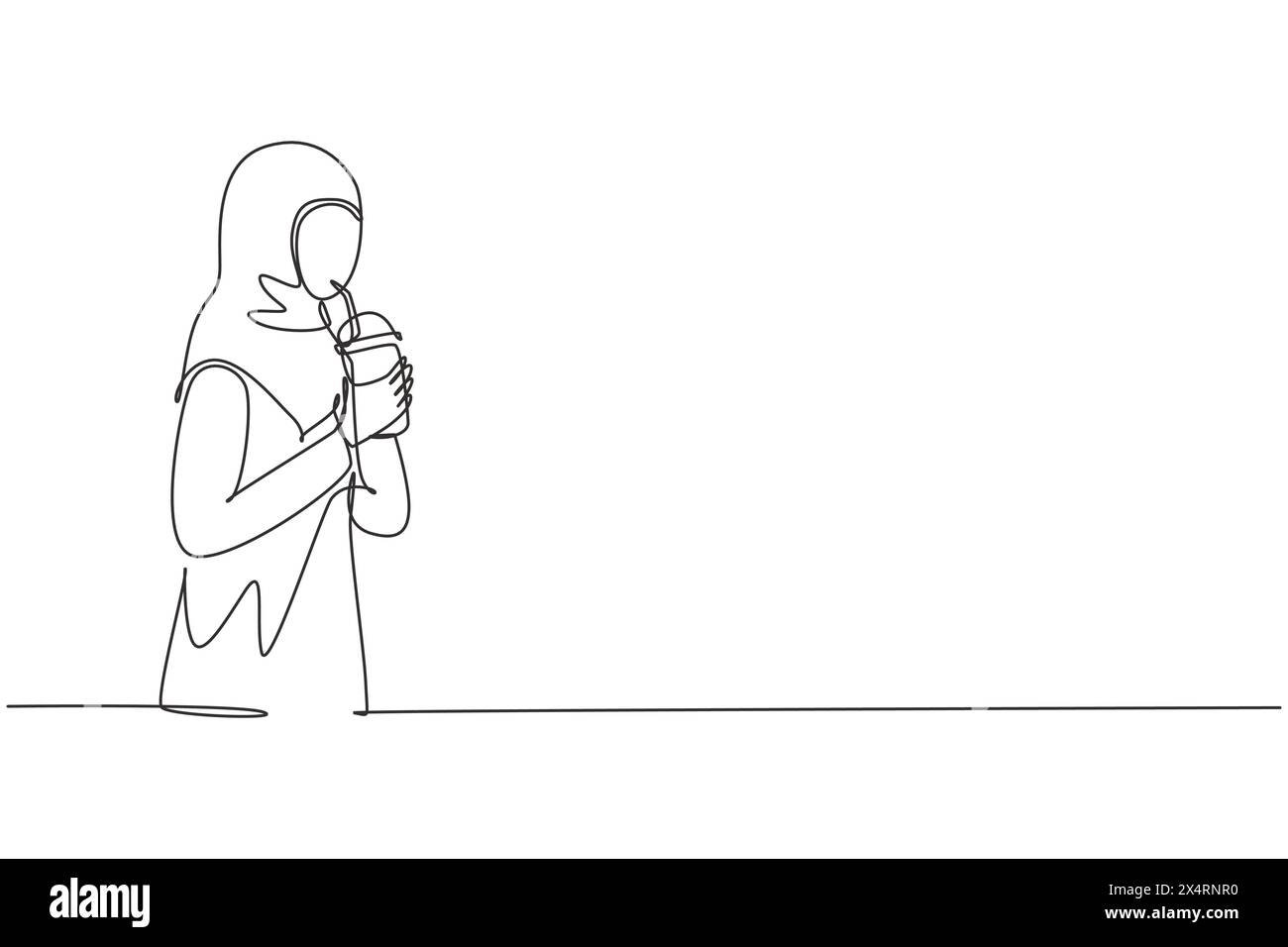 Continuous one line drawing side view of young Arab woman using straw ...