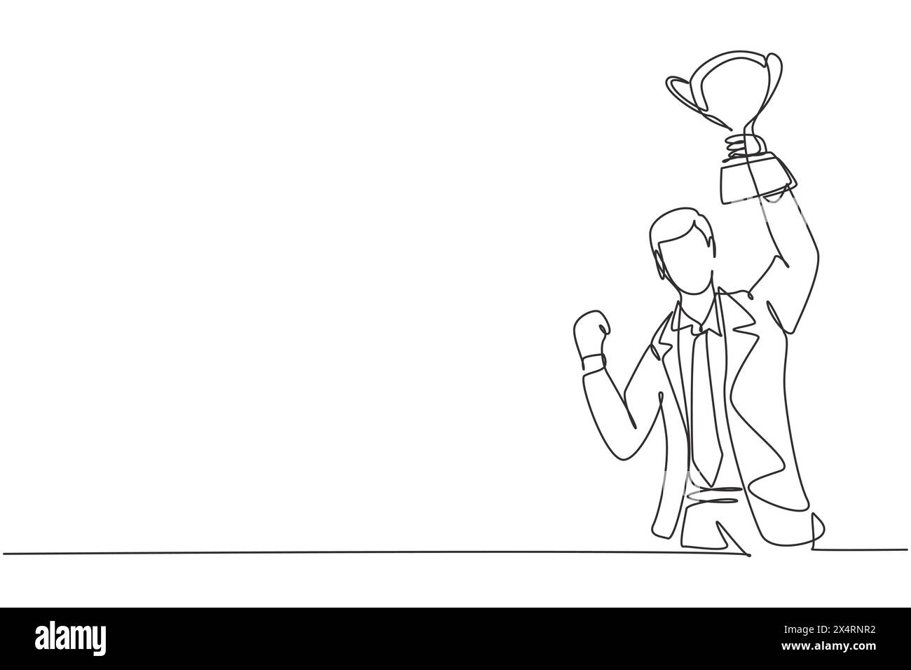 Single continuous line drawing young businessman holding golden trophy ...