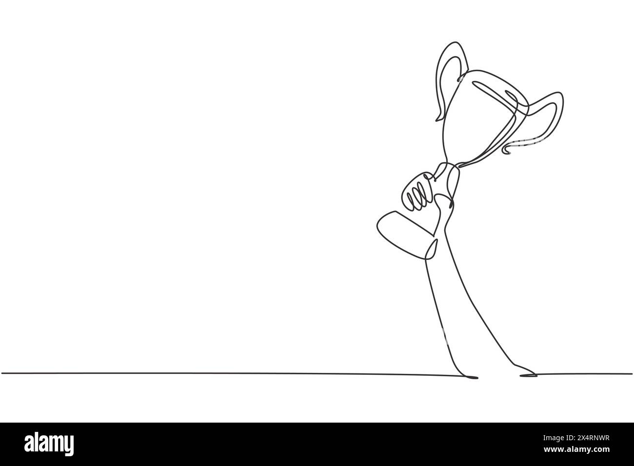 Single continuous line drawing gold trophy held by one hand. Symbol of ...