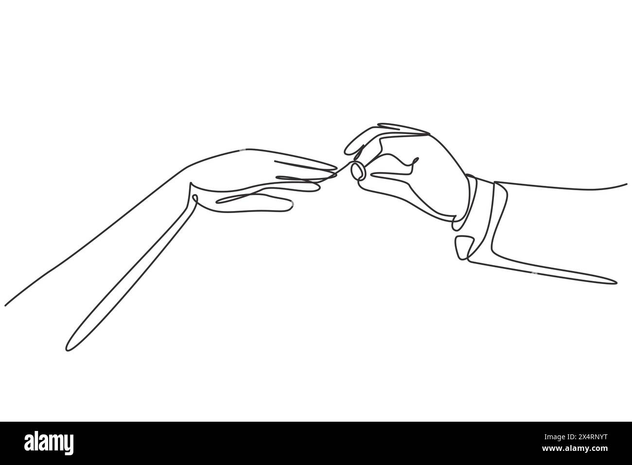 Single one line drawing groom puts ring on finger of bride. Bride and ...