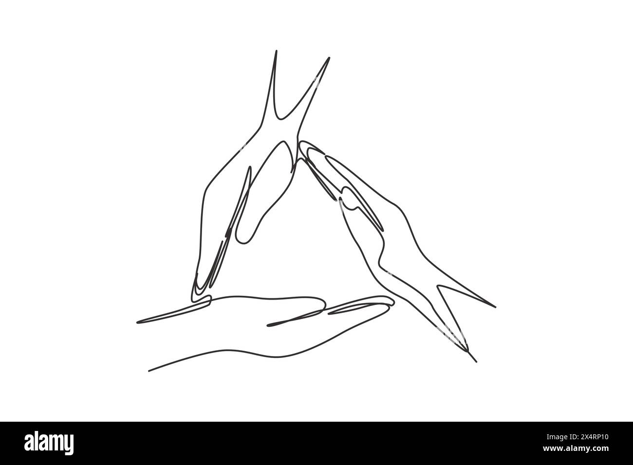 Single continuous line drawing three palm hands make triangle frame ...