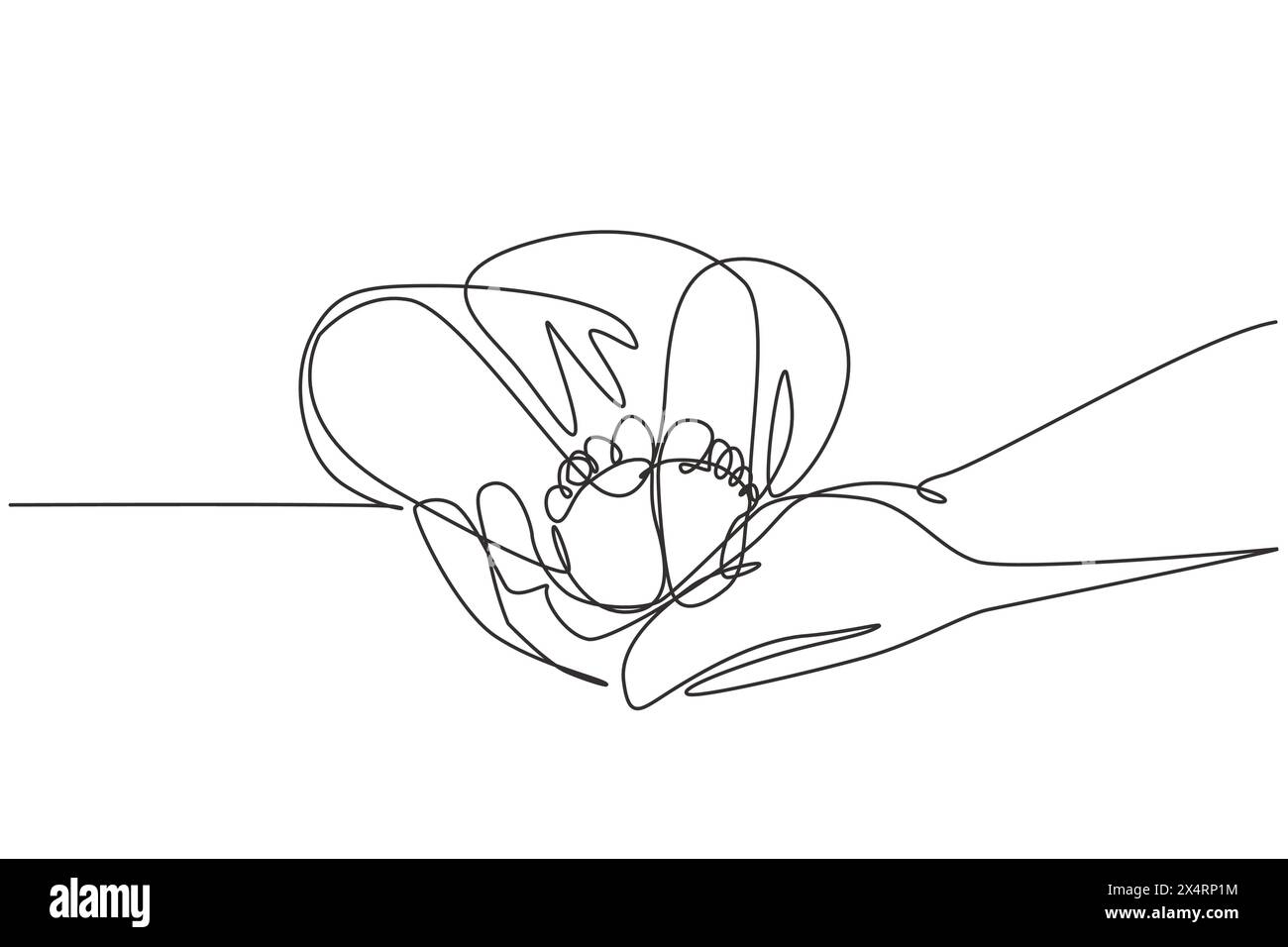 Single continuous line drawing Baby feet in mother hands. Tiny Newborn ...