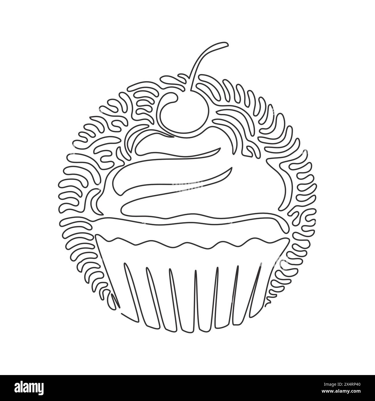 Single one line drawing yummy cupcake with cherry. Sweet tasty cake ...