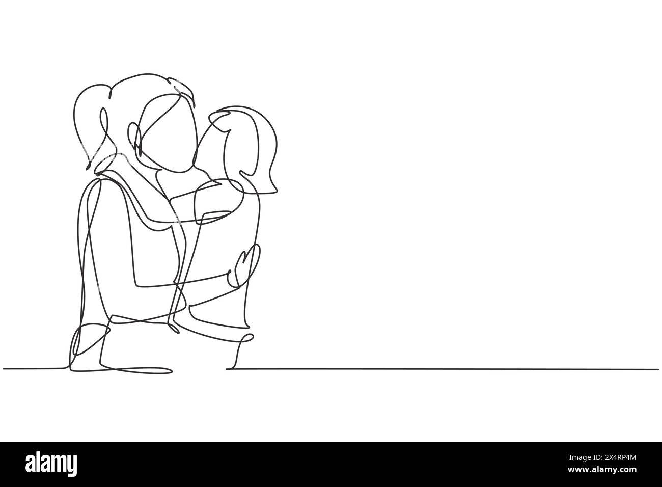 Single continuous line drawing sweet little girl is hugging and kissing ...