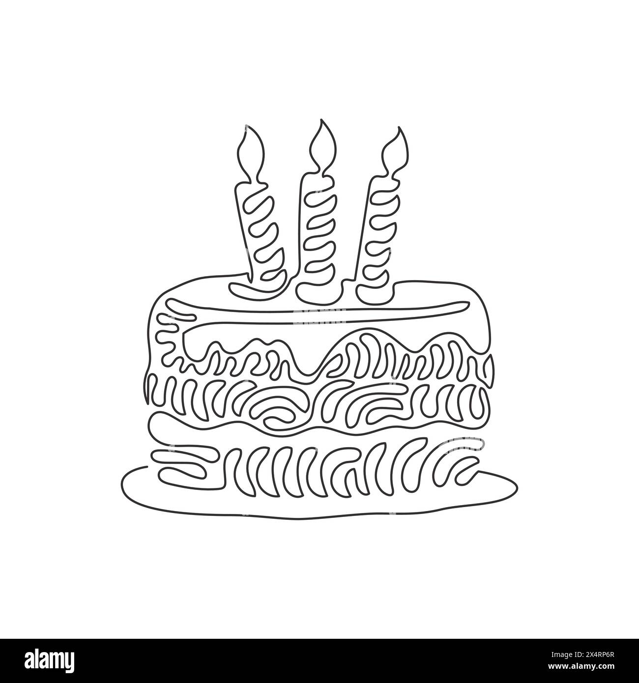 Single continuous line drawing birthday cake with three candles burning ...