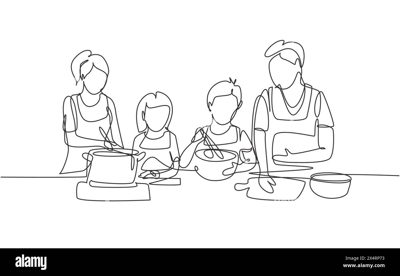 Continuous one line drawing happy family mom, dad, little daughter and ...