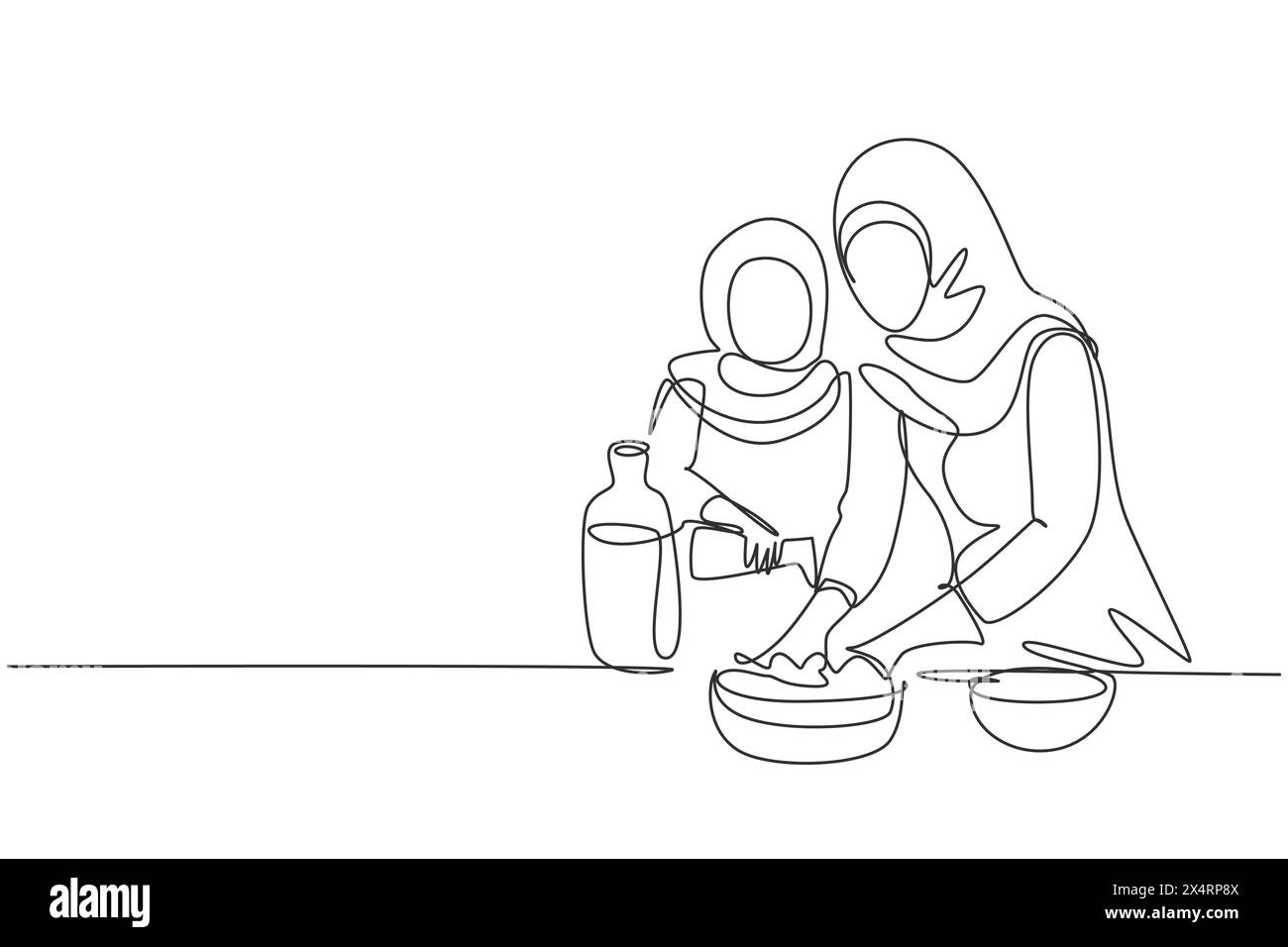 Single continuous line drawing Arabian little daughter helping her ...
