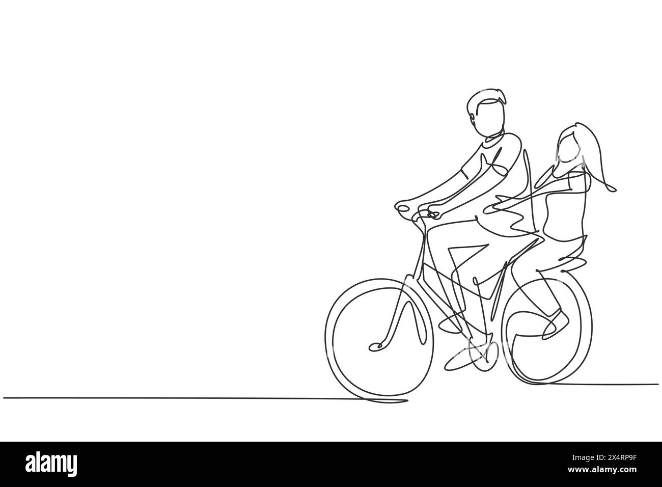 Single continuous line drawing couple have fun riding on bike. Romantic ...