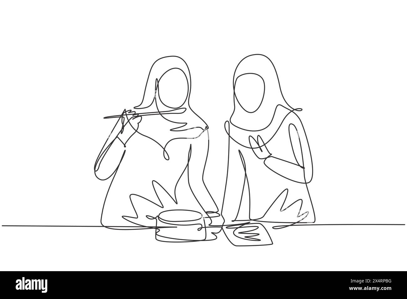 Single continuous line drawing two Arab woman mixing tomato sauce ...