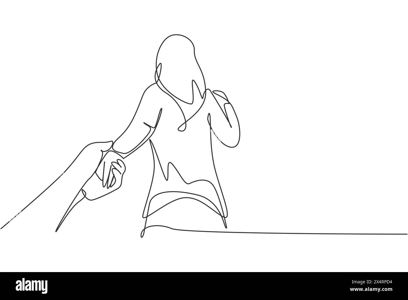 Single continuous line drawing woman holding man hand while leading him ...