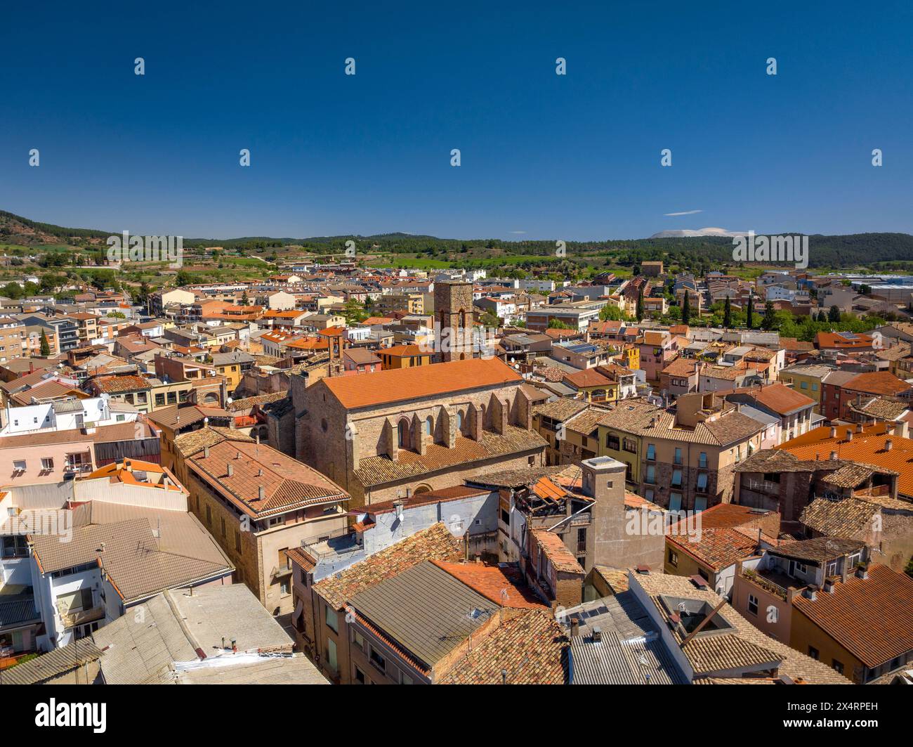 Aerial view of the town of Santpedor on a spring morning (Bages ...