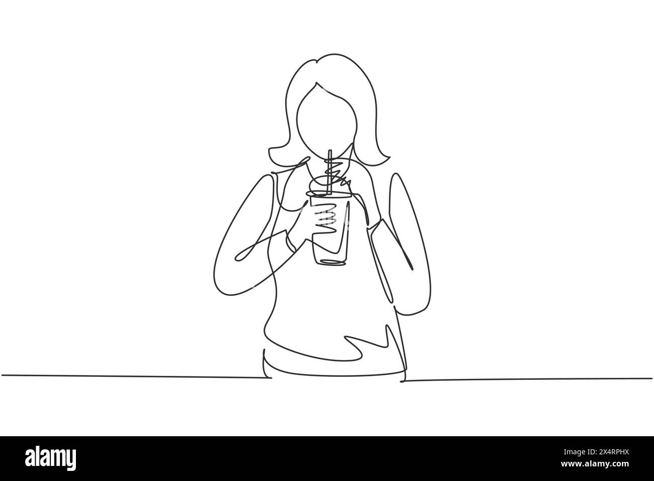 Single continuous line drawing beautiful woman hold plastic cup and ...