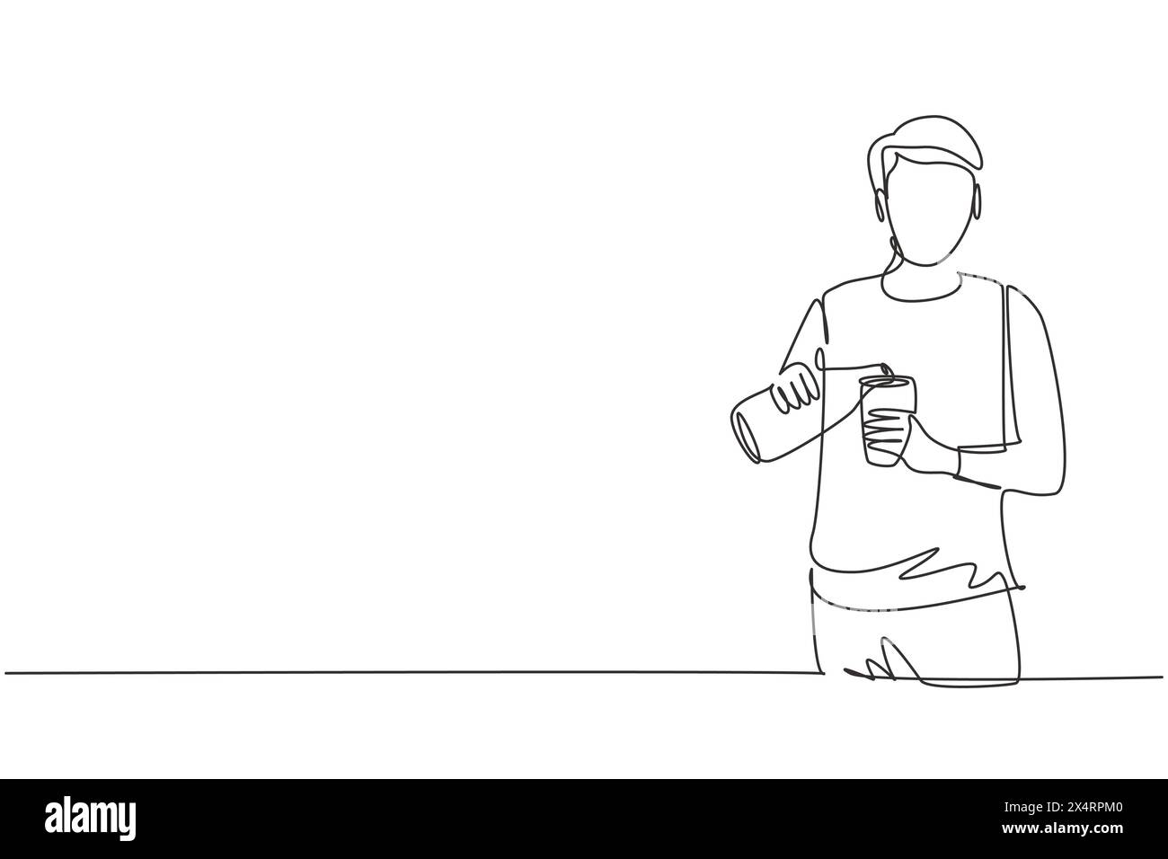 Single continuous line drawing handsome male pouring orange juice into ...