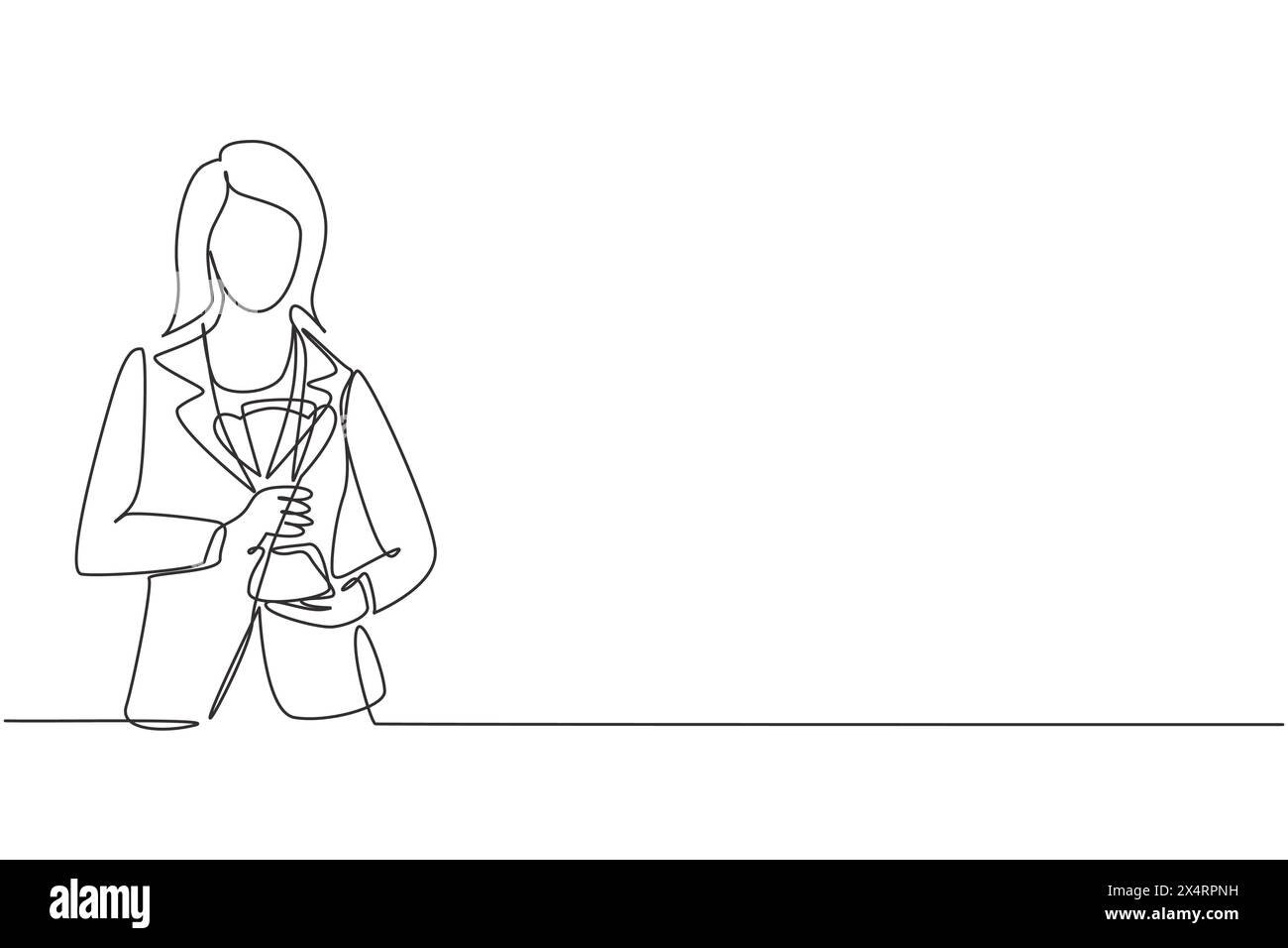 Continuous one line drawing young businesswoman wearing blazer holding ...
