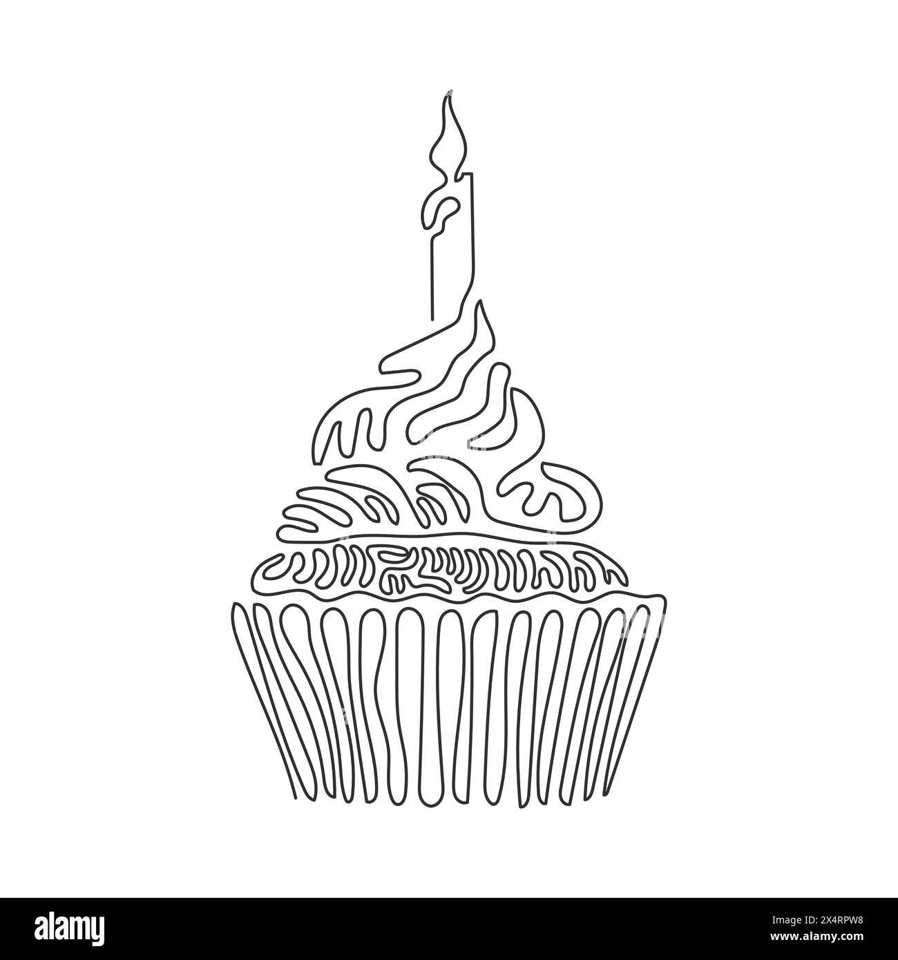 Continuous one line drawing yummy cupcake with candle. Sweet tasty cake ...