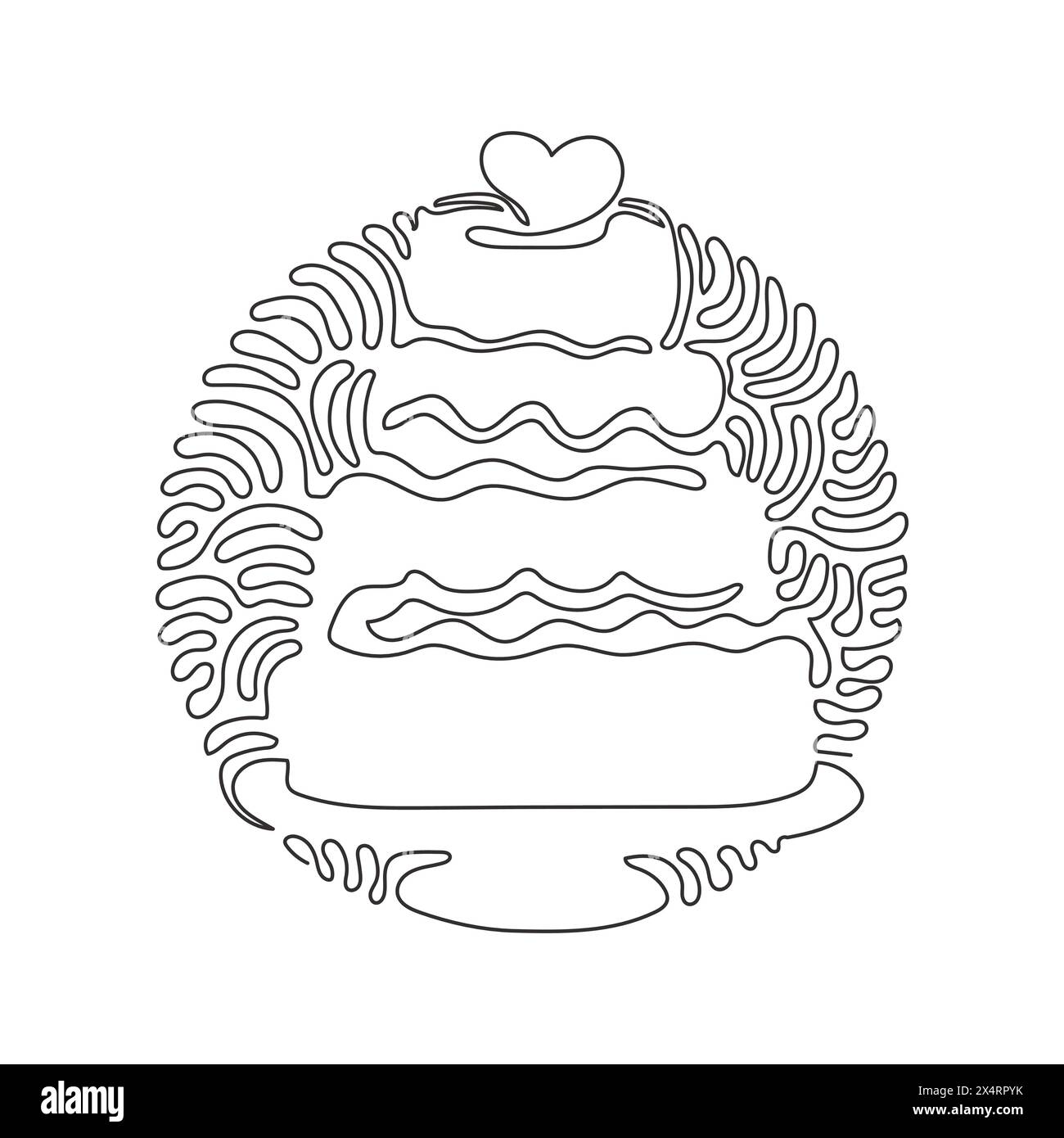 Single continuous line drawing wedding cake with love shape on top ...