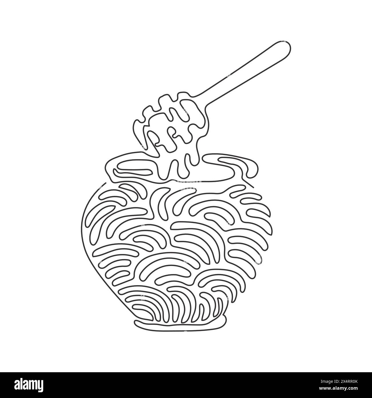 Continuous one line drawing glass pot full of honey and wooden honey ...