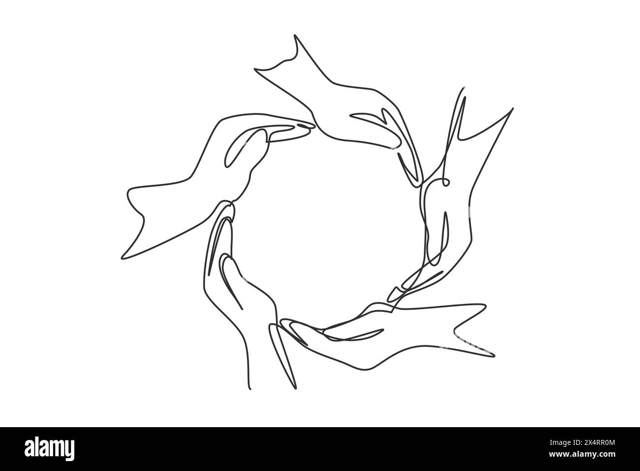 Single continuous line drawing circle made of human hands. Sign or ...
