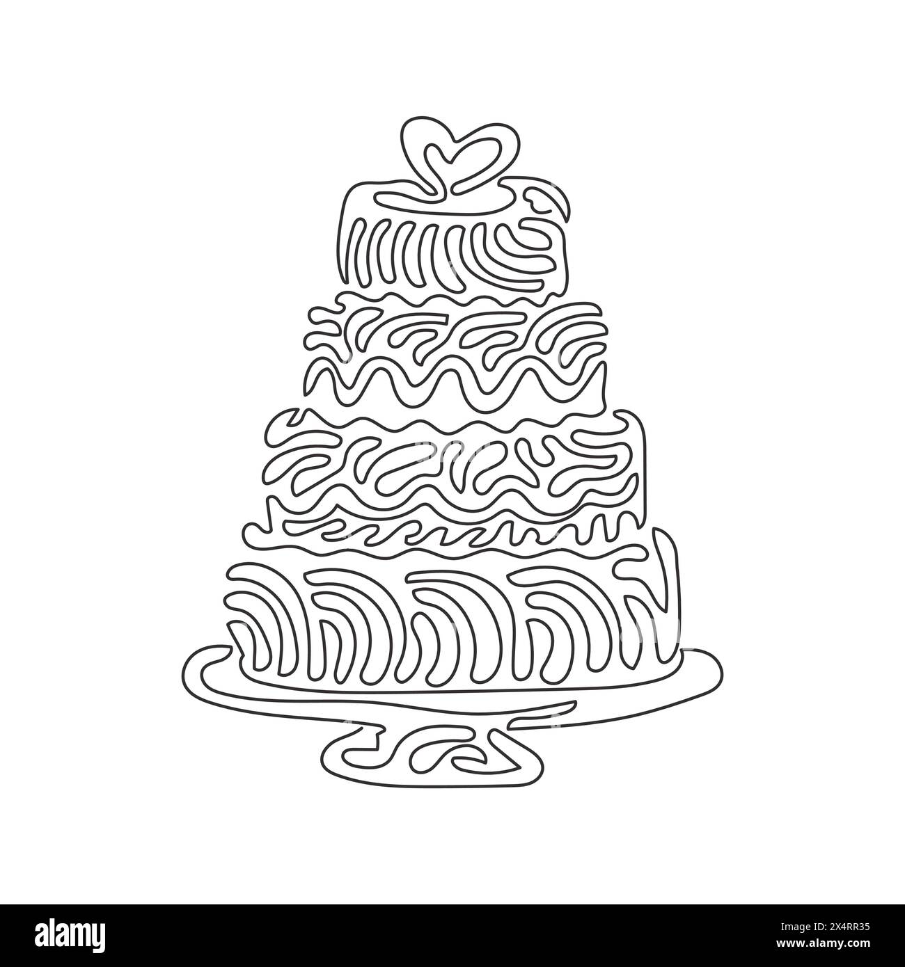 Continuous one line drawing wedding cake with love shape on top. Sweet ...