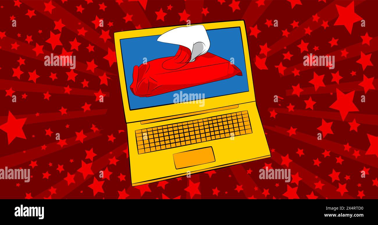 Cartoon Laptop, comic book Notebook with Wet Wipe. Retro vector comics ...