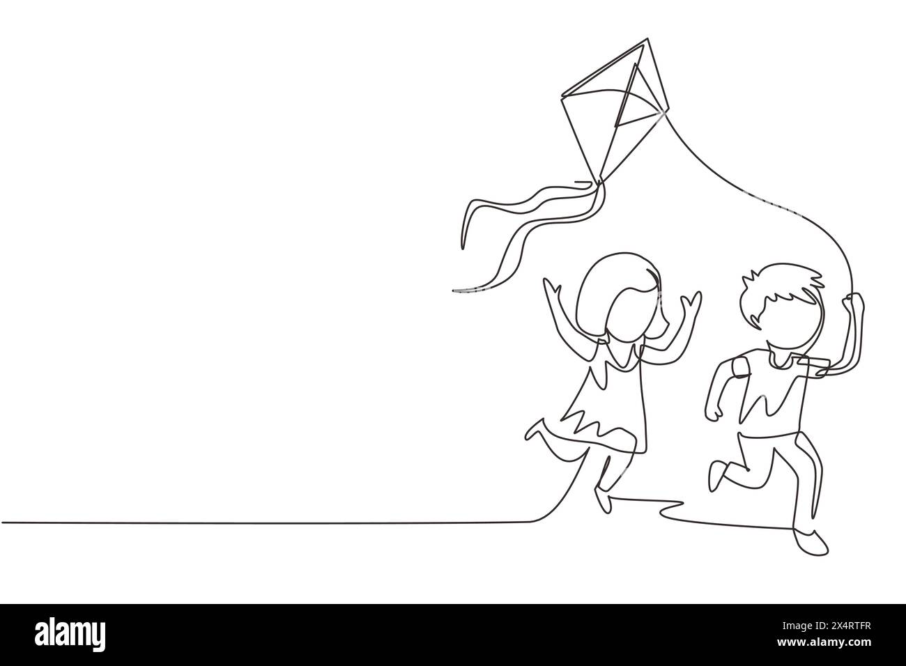 Single continuous line drawing little boy and girl flying kite ...