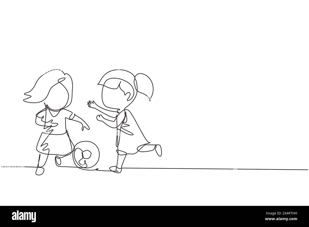 Continuous one line drawing girls playing football together. Two happy ...