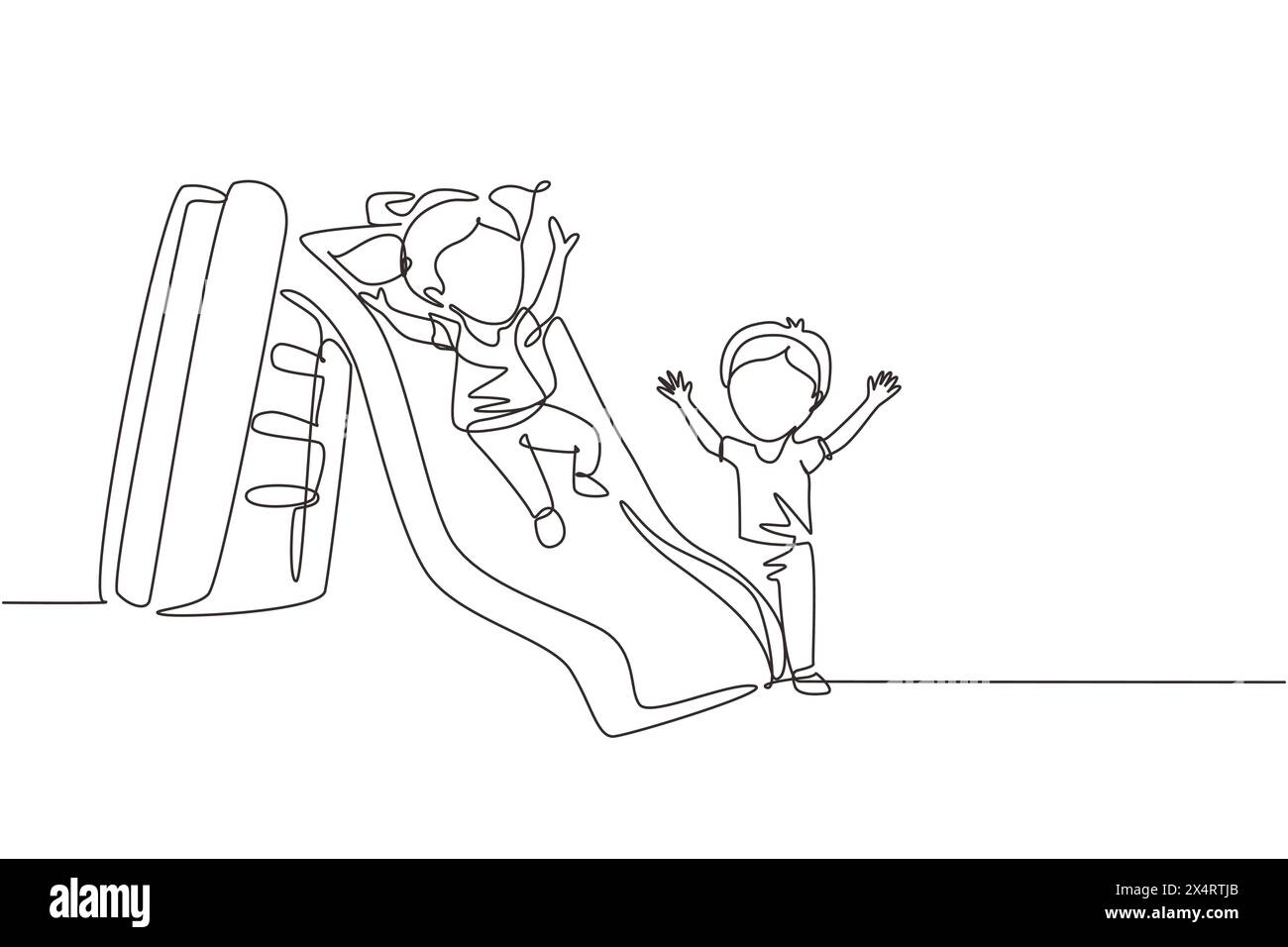 Single one line drawing preschool kids playing together in kindergarten ...