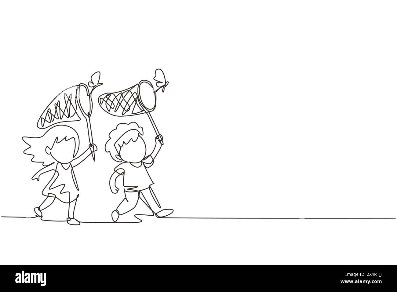 Continuous one line drawing cute little boys and girls catches ...