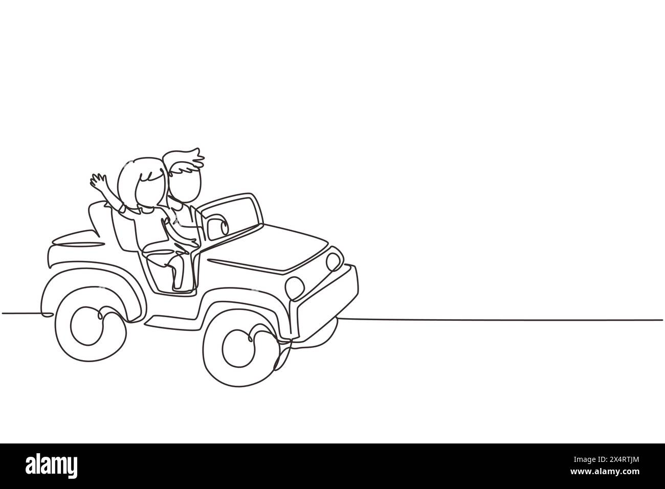 Continuous one line drawing children driving toy car with a little boy ...