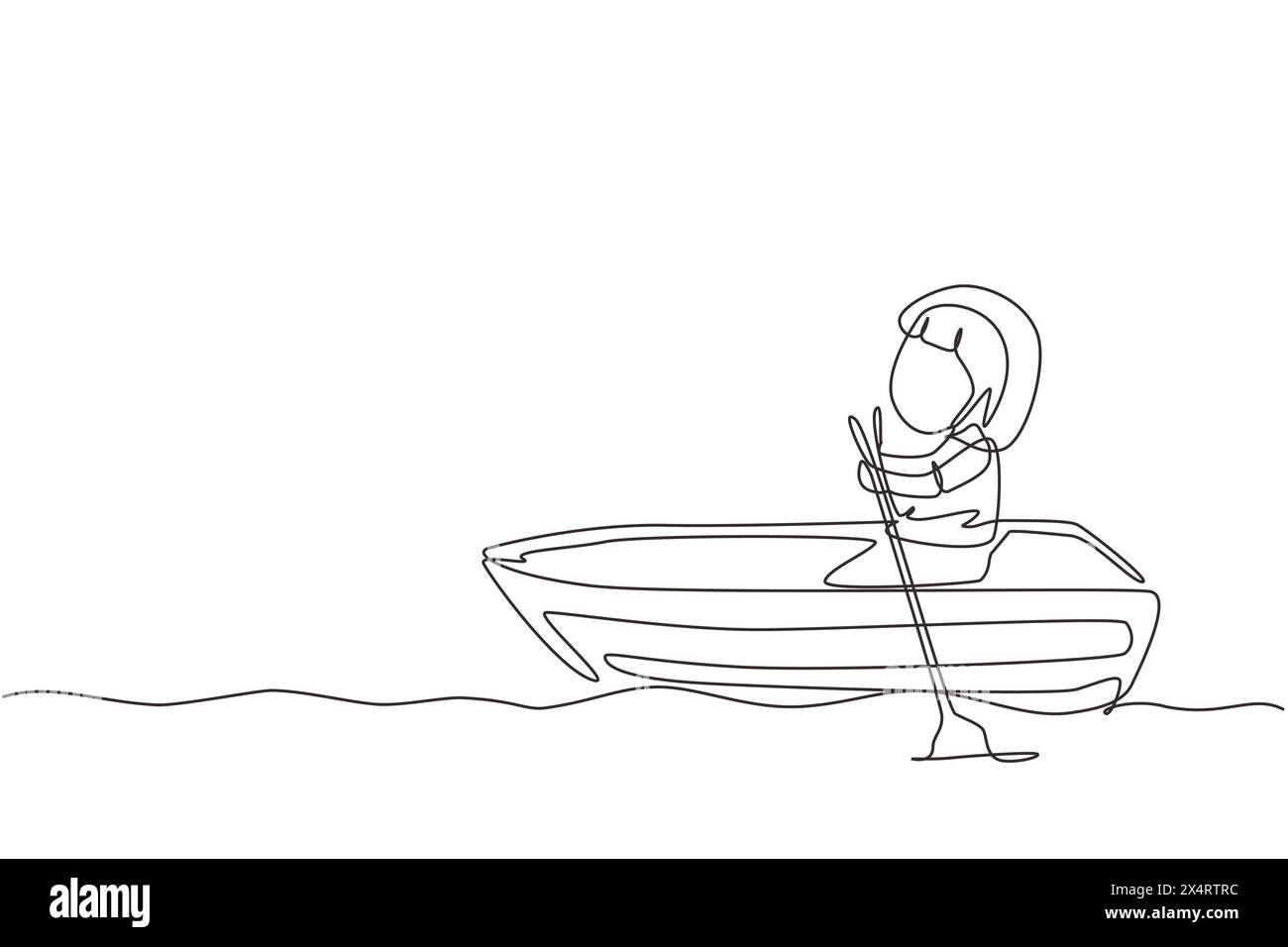 Continuous one line drawing cute little girl riding on boat at river ...