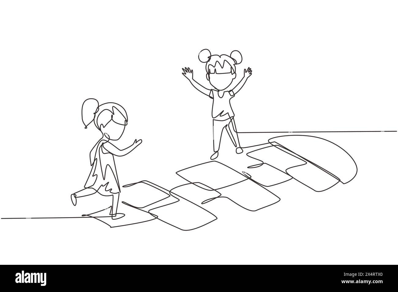 Single one line drawing two little girl playing hopscotch at ...