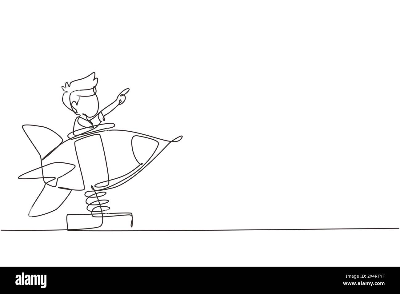 Continuous one line drawing little boy riding in toy rocket. Kid ...