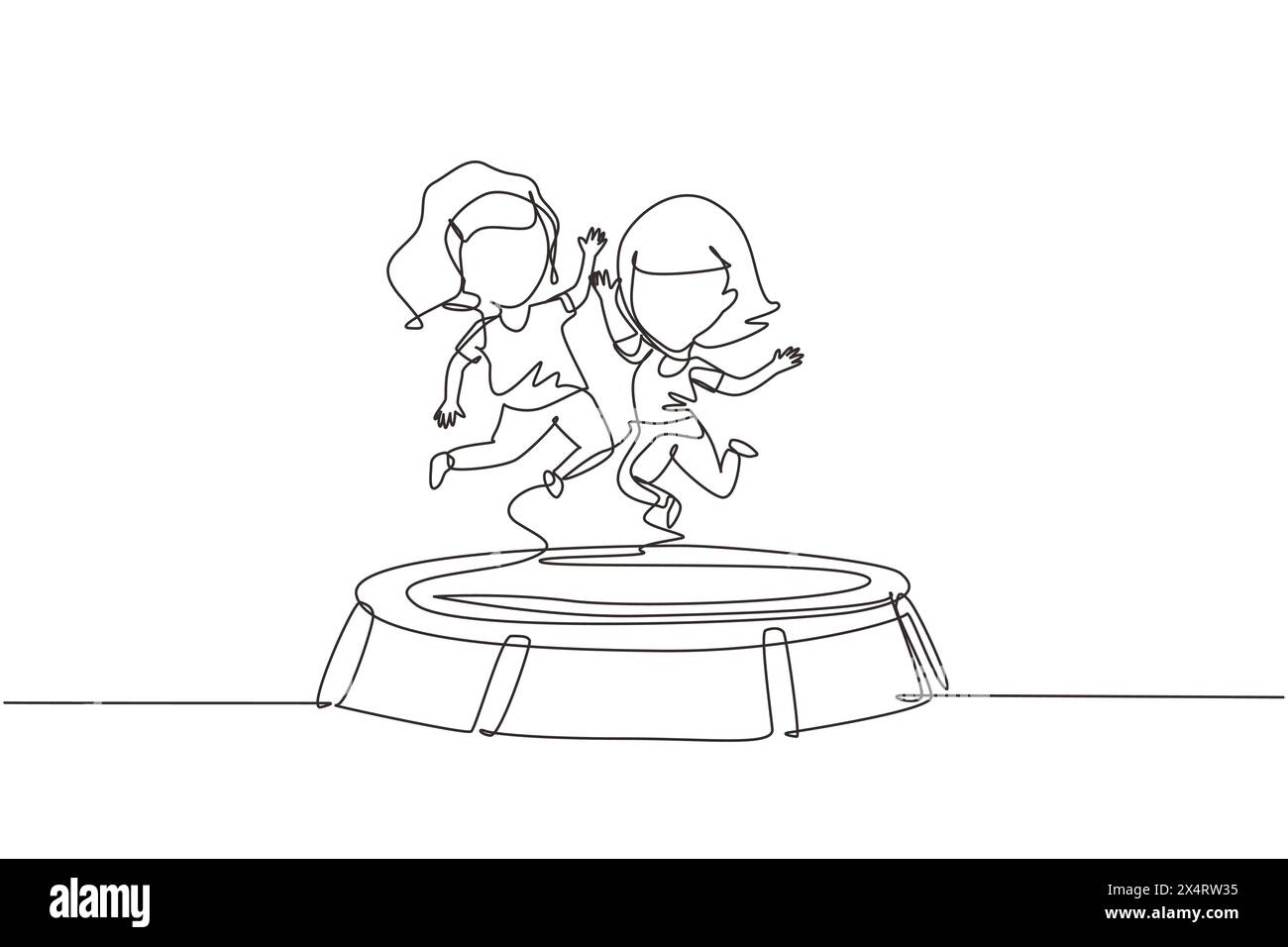 Single continuous line drawing two little girl jumping on trampoline ...