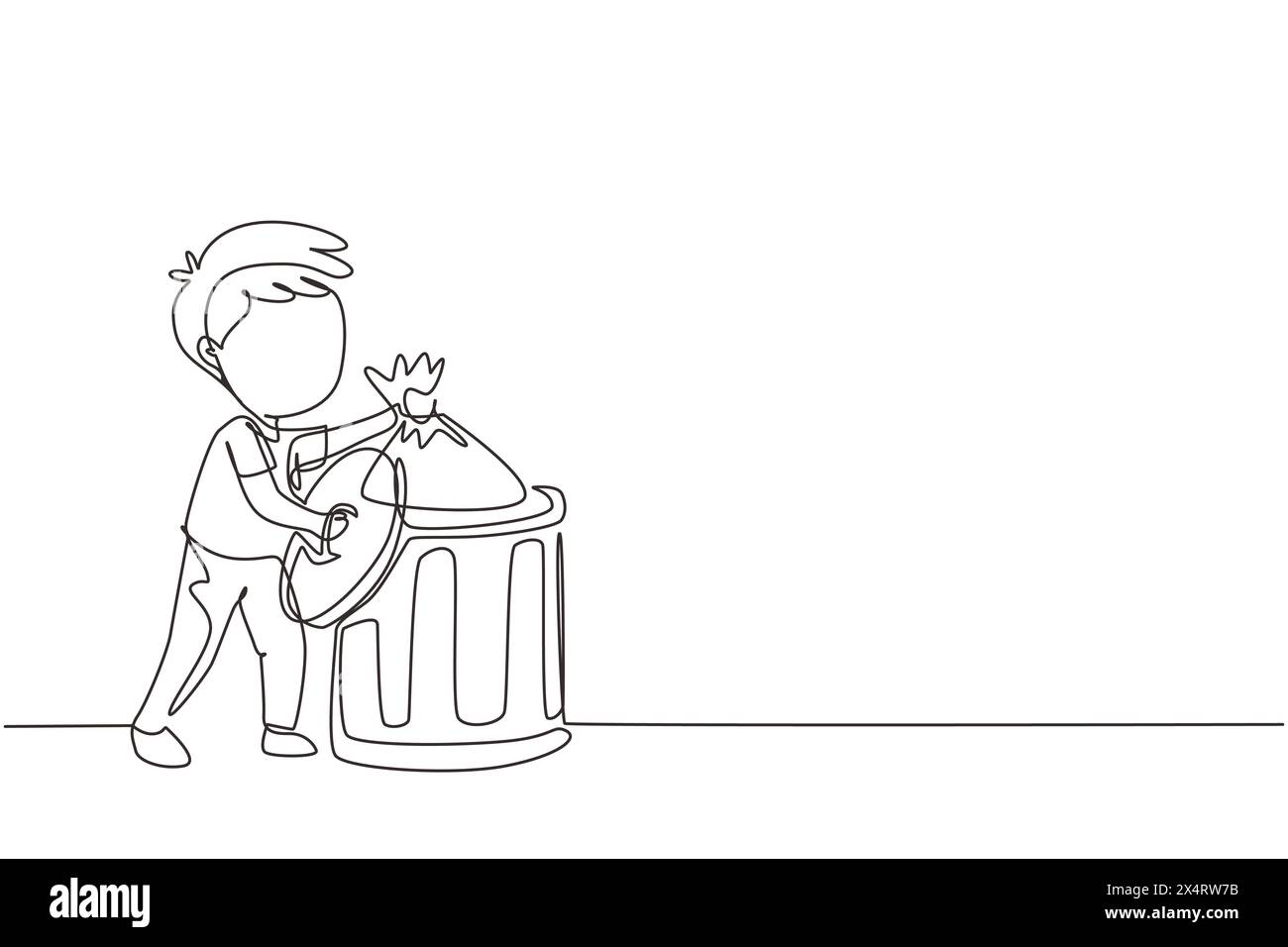 Continuous one line drawing little boy taking out the trash. Kids doing ...