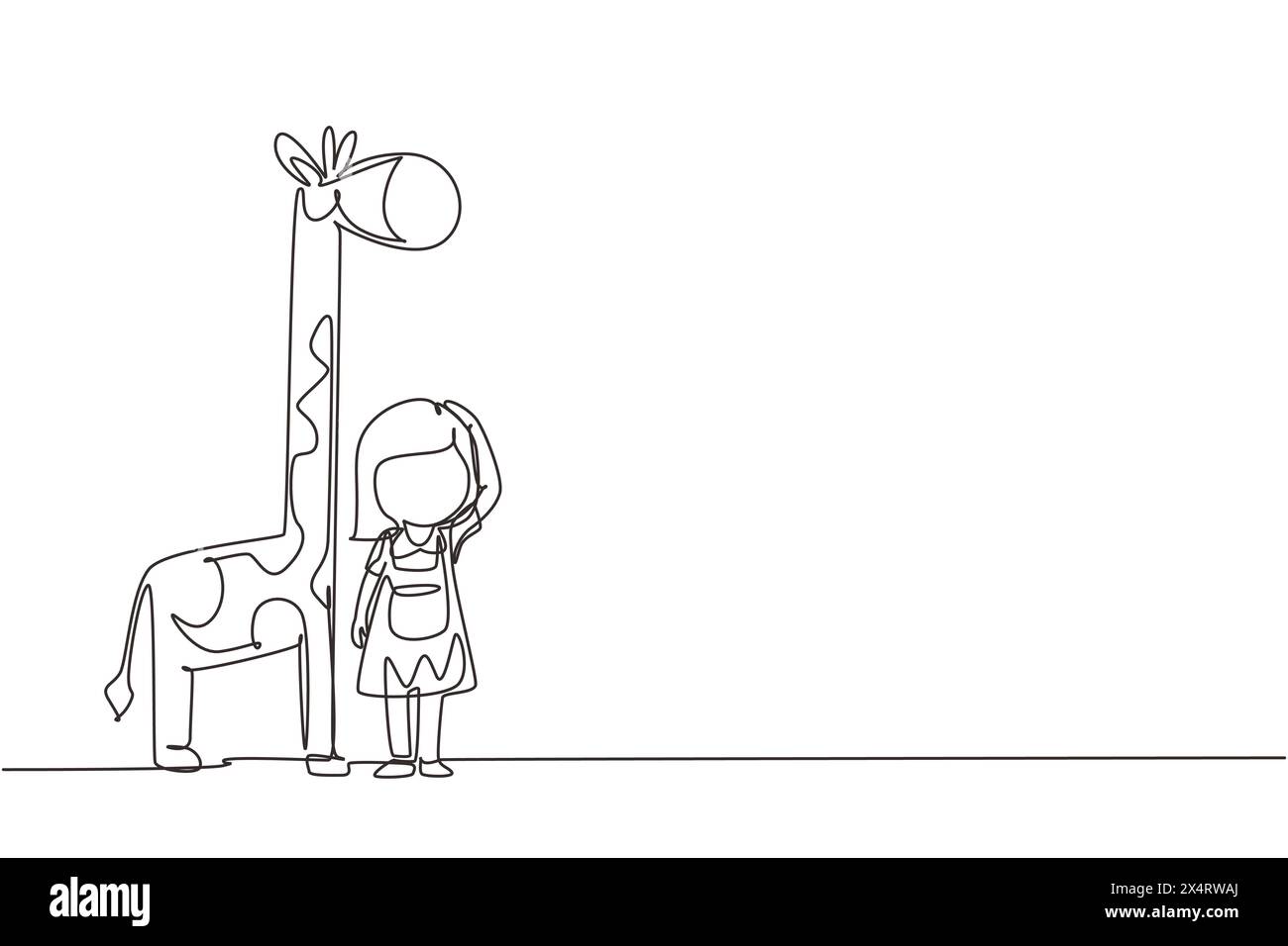 Continuous one line drawing little girl measuring her height with ...