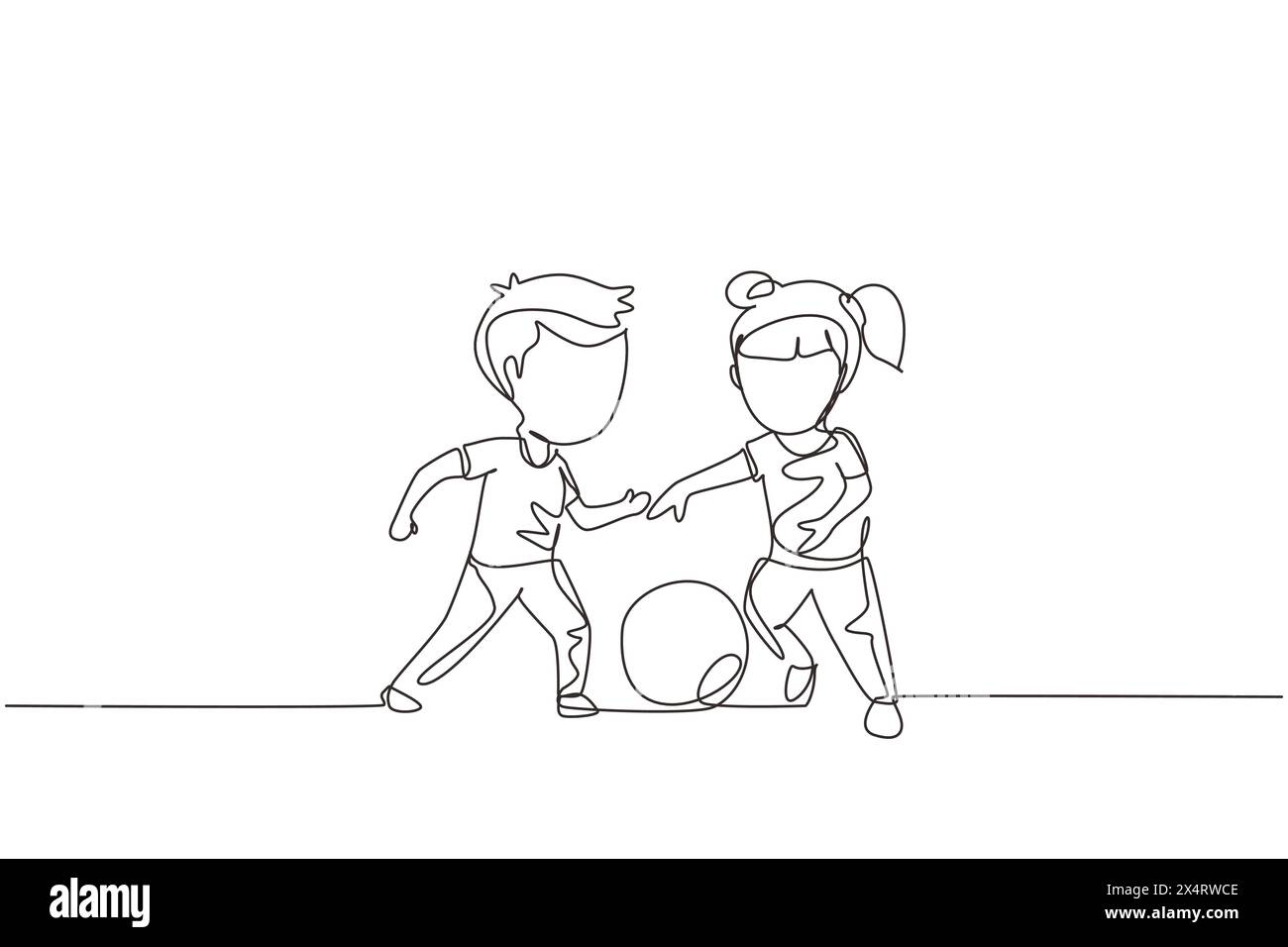 Continuous one line drawing boy and girl playing football together. Two ...