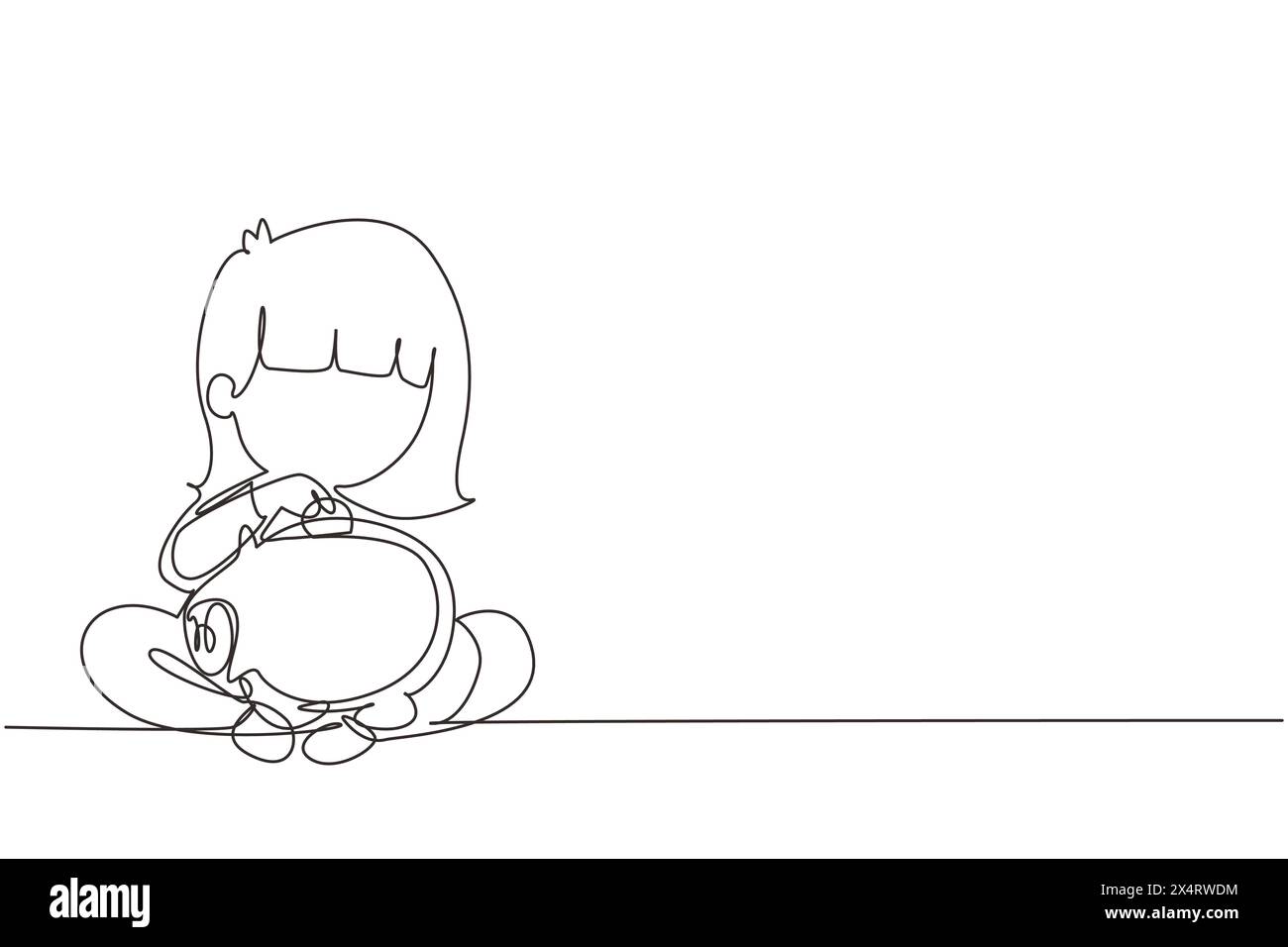 Continuous one line drawing cute little girl sitting on the floor puts ...