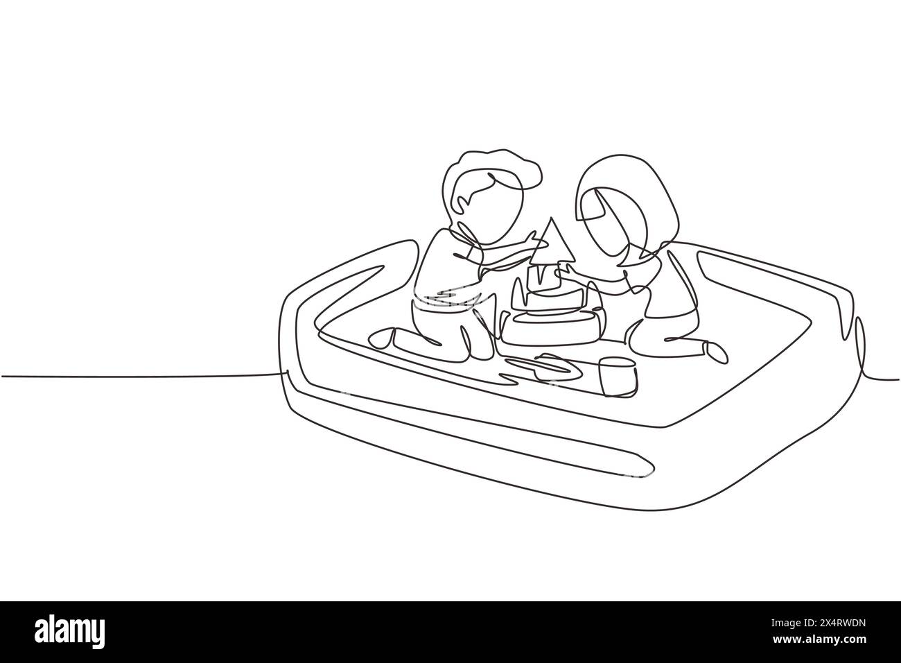 Single continuous line drawing boy and girl of preschool age are ...