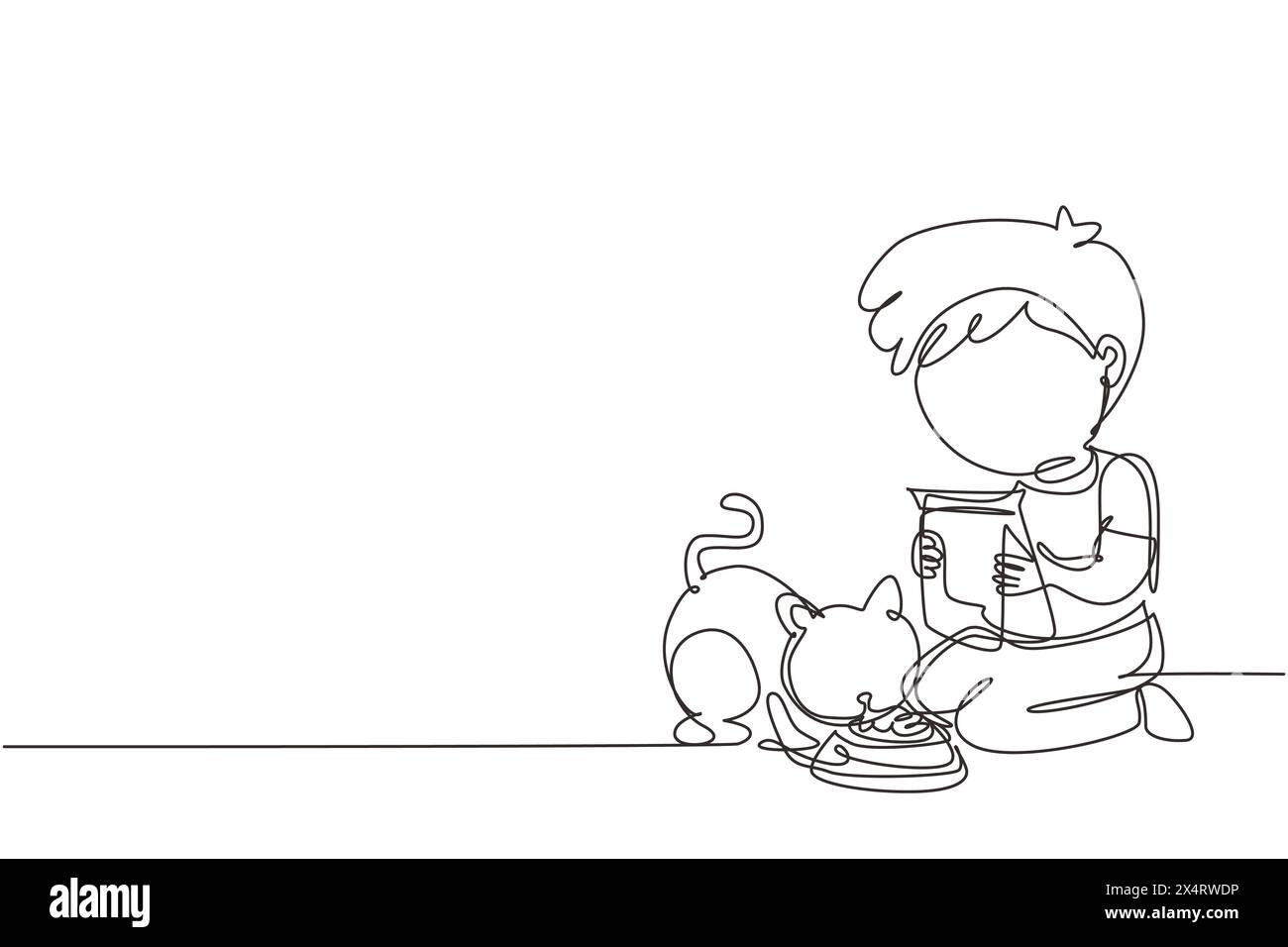 Single one line drawing cute smiling little boy feeding his kitten ...
